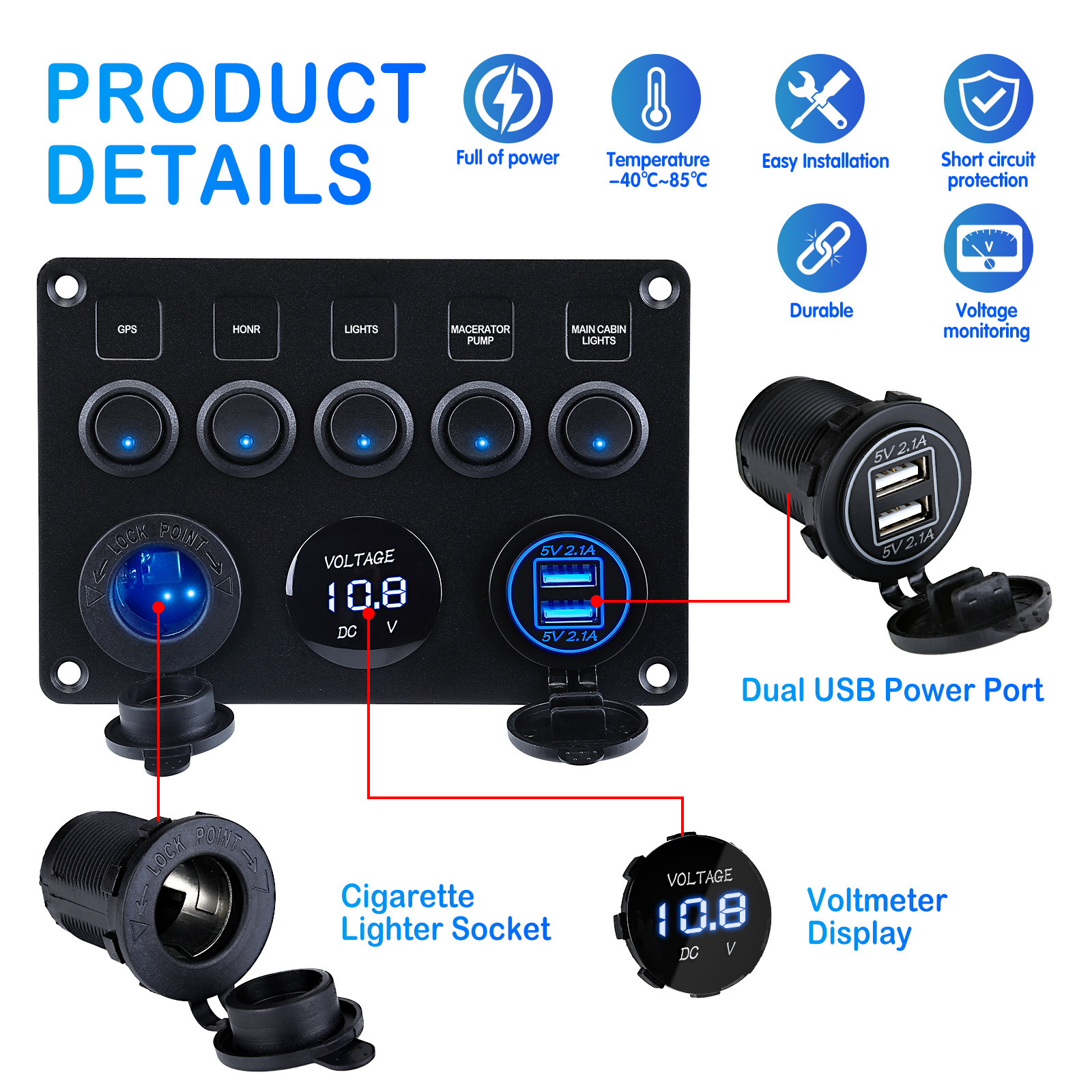 Campervan LED Light Switch Control Panel Voltmeter RV Dual-USB Charger ...