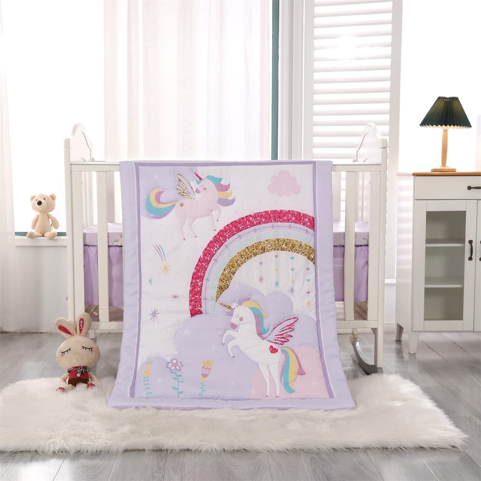 3pcs Crib Bedding Set Purple Unicorn Baby Bedding Set Baby Girl Nursery ...