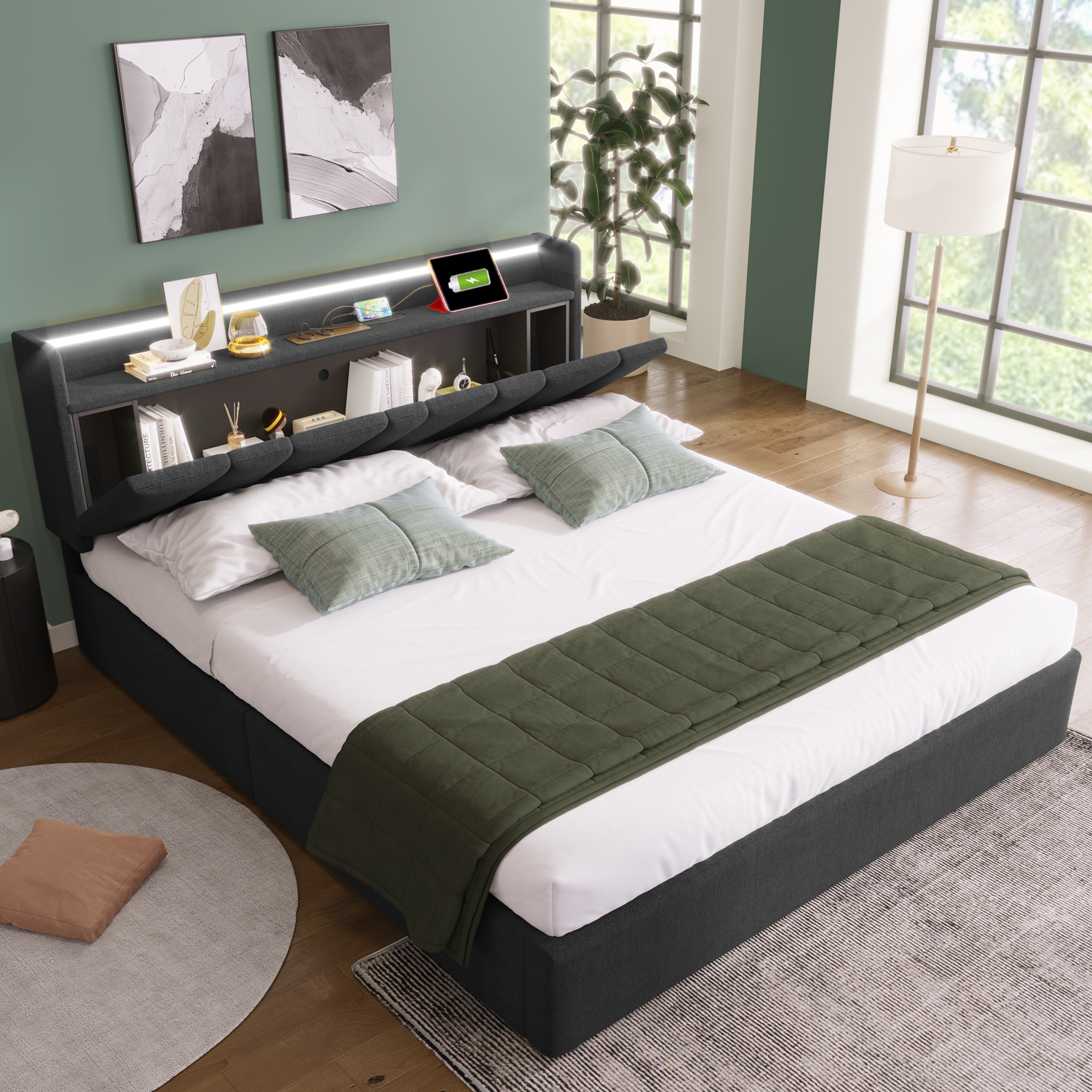 5F UPHOLSTERED DOUBLE Bed with USB Charging Function Storage Headboard ...